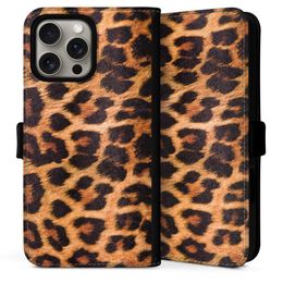 DeinDesign iPhone 16 Pro Handy Klapph&uuml;lle Handyh&uuml;lle aus Kunst Leder schwarz Flip Case Animal Print Leopard Fur Sideflip mit Lasche
