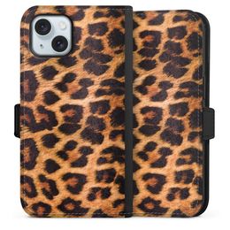 DeinDesign iPhone 15 Handy Klapph&uuml;lle Handyh&uuml;lle aus Kunst Leder schwarz Flip Case Animal Print Leopard Fur Sideflip mit Lasche