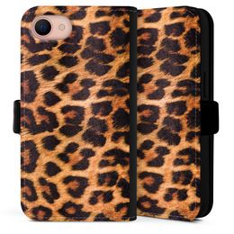 DeinDesign iPhone 16e Handy Klapph&uuml;lle Handyh&uuml;lle aus Kunst Leder schwarz Flip Case Animal Print Leopard Fur Sideflip mit Lasche
