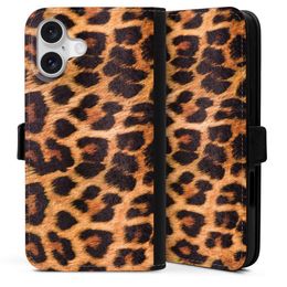 DeinDesign iPhone 16 Plus Handy Klapph&uuml;lle Handyh&uuml;lle aus Kunst Leder schwarz Flip Case Animal Print Leopard Fur Sideflip mit Lasche