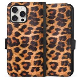 DeinDesign iPhone 15 Pro Max Handy Klapph&uuml;lle Handyh&uuml;lle aus Kunst Leder schwarz Flip Case Animal Print Leopard Fur Sideflip mit Lasche