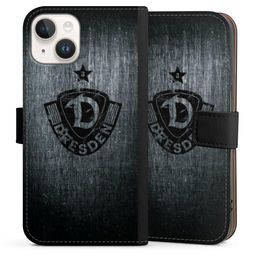 DeinDesign iPhone 14 Handy Klapph&uuml;lle Handyh&uuml;lle aus Kunst Leder schwarz Flip Case Sg Dynamo Dresden Official Licensed Product Vintage Sideflip mit Lasche