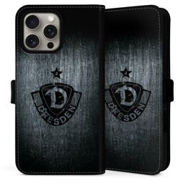 DeinDesign iPhone 16 Pro Handy Klapph&uuml;lle Handyh&uuml;lle aus Kunst Leder schwarz Flip Case Sg Dynamo Dresden Official Licensed Product Vintage Sideflip mit Lasche