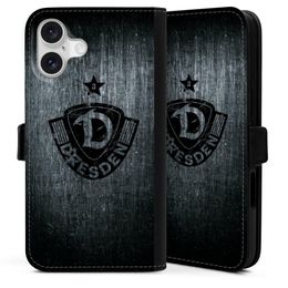 DeinDesign iPhone 16 Plus Handy Klapph&uuml;lle Handyh&uuml;lle aus Kunst Leder schwarz Flip Case Sg Dynamo Dresden Official Licensed Product Vintage Sideflip mit Lasche