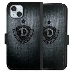 DeinDesign iPhone 15 Handy Klapph&uuml;lle Handyh&uuml;lle aus Kunst Leder schwarz Flip Case Sg Dynamo Dresden Official Licensed Product Vintage Sideflip mit Lasche