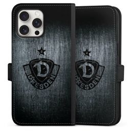 DeinDesign iPhone 15 Pro Max Handy Klapph&uuml;lle Handyh&uuml;lle aus Kunst Leder schwarz Flip Case Sg Dynamo Dresden Official Licensed Product Vintage Sideflip mit 