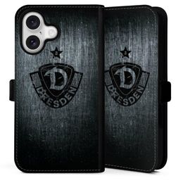 DeinDesign iPhone 16 Handy Klapph&uuml;lle Handyh&uuml;lle aus Kunst Leder schwarz Flip Case Sg Dynamo Dresden Official Licensed Product Vintage Sideflip mit Lasche