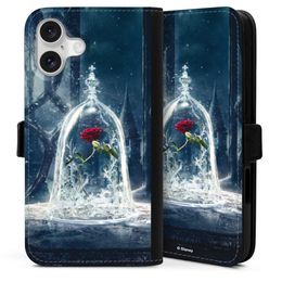 DeinDesign iPhone 16 Plus Handy Klapph&uuml;lle Handyh&uuml;lle aus Kunst Leder schwarz Flip Case Rose The Beauty And The Beast Disney Princess Sideflip mit Lasche