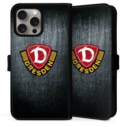 DeinDesign iPhone 16 Pro Handy Klapph&uuml;lle Handyh&uuml;lle aus Kunst Leder schwarz Flip Case Sgd Official Licensed Product Sg Dynamo Dresden Sideflip mit Lasche