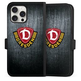 DeinDesign iPhone 15 Pro Max Handy Klapph&uuml;lle Handyh&uuml;lle aus Kunst Leder schwarz Flip Case Sgd Official Licensed Product Sg Dynamo Dresden Sideflip mit Lasche