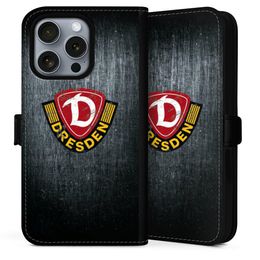 DeinDesign iPhone 16 Pro Max Handy Klapph&uuml;lle Handyh&uuml;lle aus Kunst Leder schwarz Flip Case Sgd Official Licensed Product Sg Dynamo Dresden Sideflip mit Lasche