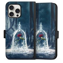 DeinDesign iPhone 15 Pro Max Handy Klapph&uuml;lle Handyh&uuml;lle aus Kunst Leder schwarz Flip Case Rose The Beauty And The Beast Disney Princess Sideflip mit Lasche