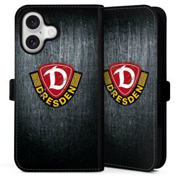 DeinDesign iPhone 16 Handy Klapph&uuml;lle Handyh&uuml;lle aus Kunst Leder schwarz Flip Case Sgd Official Licensed Product Sg Dynamo Dresden Sideflip mit Lasche