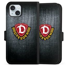 DeinDesign iPhone 15 Handy Klapph&uuml;lle Handyh&uuml;lle aus Kunst Leder schwarz Flip Case Sgd Official Licensed Product Sg Dynamo Dresden Sideflip mit Lasche