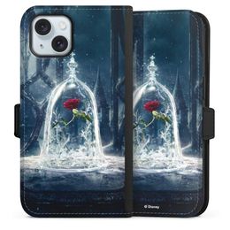 DeinDesign iPhone 15 Handy Klapph&uuml;lle Handyh&uuml;lle aus Kunst Leder schwarz Flip Case Rose The Beauty And The Beast Disney Princess Sideflip mit Lasche