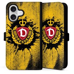 DeinDesign iPhone 16 Handy Klapph&uuml;lle Handyh&uuml;lle aus Kunst Leder schwarz Flip Case Official Licensed Product Soccer Sg Dynamo Dresden Sideflip mit Lasche