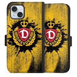 DeinDesign iPhone 15 Handy Klapph&uuml;lle Handyh&uuml;lle aus Kunst Leder schwarz Flip Case Official Licensed Product Soccer Sg Dynamo Dresden Sideflip mit Lasche
