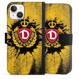 DeinDesign iPhone 14 Handy Klapph&uuml;lle Handyh&uuml;lle aus Kunst Leder schwarz Flip Case Official Licensed Product Soccer Sg Dynamo Dresden Sideflip mit Lasche