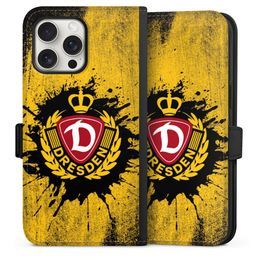 DeinDesign iPhone 15 Pro Max Handy Klapph&uuml;lle Handyh&uuml;lle aus Kunst Leder schwarz Flip Case Official Licensed Product Soccer Sg Dynamo Dresden Sideflip mit Lasche
