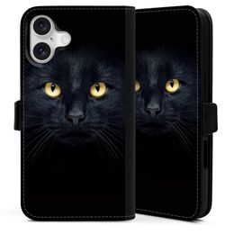 DeinDesign iPhone 16 Plus Handy Klapph&uuml;lle Handyh&uuml;lle aus Kunst Leder schwarz Flip Case Eye Cat Black Sideflip mit Lasche