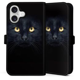 DeinDesign iPhone 16 Handy Klapph&uuml;lle Handyh&uuml;lle aus Kunst Leder schwarz Flip Case Eye Cat Black Sideflip mit Lasche