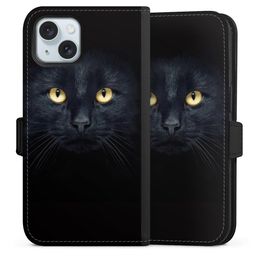 DeinDesign iPhone 15 Handy Klapph&uuml;lle Handyh&uuml;lle aus Kunst Leder schwarz Flip Case Eye Cat Black Sideflip mit Lasche