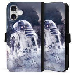 DeinDesign iPhone 16 Plus Handy Klapph&uuml;lle Handyh&uuml;lle aus Kunst Leder schwarz Flip Case Robot Merchandise Star Wars Sideflip mit Lasche