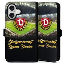 DeinDesign iPhone 16 Handy Klapph&uuml;lle Handyh&uuml;lle aus Kunst Leder schwarz Flip Case Sg Dynamo Dresden Sgd Official Licensed Product Sideflip mit Lasche