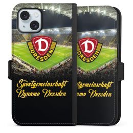 DeinDesign iPhone 15 Handy Klapph&uuml;lle Handyh&uuml;lle aus Kunst Leder schwarz Flip Case Sg Dynamo Dresden Sgd Official Licensed Product Sideflip mit Lasche