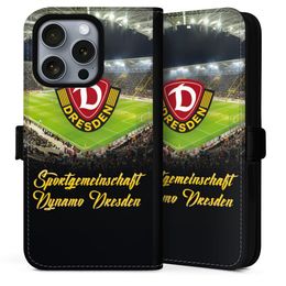 DeinDesign iPhone 16 Pro Max Handy Klapph&uuml;lle Handyh&uuml;lle aus Kunst Leder schwarz Flip Case Sg Dynamo Dresden Sgd Official Licensed Product Sideflip mit Lasche