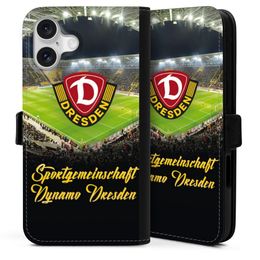 DeinDesign iPhone 16 Plus Handy Klapph&uuml;lle Handyh&uuml;lle aus Kunst Leder schwarz Flip Case Sg Dynamo Dresden Sgd Official Licensed Product Sideflip mit Lasche