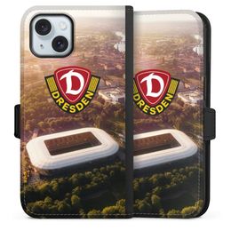 DeinDesign iPhone 15 Handy Klapph&uuml;lle Handyh&uuml;lle aus Kunst Leder schwarz Flip Case Sgd Sg Dynamo Dresden Stadium Sideflip mit Lasche