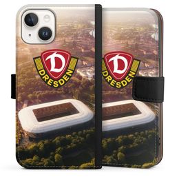 DeinDesign iPhone 14 Handy Klapph&uuml;lle Handyh&uuml;lle aus Kunst Leder schwarz Flip Case Sgd Sg Dynamo Dresden Stadium Sideflip mit Lasche