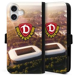DeinDesign iPhone 16 Plus Handy Klapph&uuml;lle Handyh&uuml;lle aus Kunst Leder schwarz Flip Case Sgd Sg Dynamo Dresden Stadium Sideflip mit Lasche