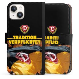 DeinDesign iPhone 14 Handy Klapph&uuml;lle Handyh&uuml;lle aus Kunst Leder schwarz Flip Case Sgd Sg Dynamo Dresden Merchandise Sideflip mit Lasche
