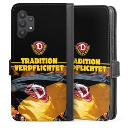DeinDesign Galaxy A32 4G Handy Klapph&uuml;lle Handyh&uuml;lle aus Kunst Leder schwarz Flip Case Sgd Sg Dynamo Dresden Merchandise Sideflip mit Lasche