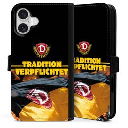 DeinDesign iPhone 16 Plus Handy Klapph&uuml;lle Handyh&uuml;lle aus Kunst Leder schwarz Flip Case Sgd Sg Dynamo Dresden Merchandise Sideflip mit Lasche