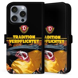 DeinDesign iPhone 16 Pro Max Handy Klapph&uuml;lle Handyh&uuml;lle aus Kunst Leder schwarz Flip Case Sgd Sg Dynamo Dresden Merchandise Sideflip mit Lasche