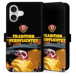 DeinDesign iPhone 16 Handy Klapph&uuml;lle Handyh&uuml;lle aus Kunst Leder schwarz Flip Case Sgd Sg Dynamo Dresden Merchandise Sideflip mit Lasche