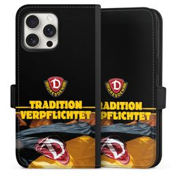 DeinDesign iPhone 15 Pro Max Handy Klapph&uuml;lle Handyh&uuml;lle aus Kunst Leder schwarz Flip Case Sgd Sg Dynamo Dresden Merchandise Sideflip mit Lasche