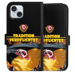 DeinDesign iPhone 15 Handy Klapph&uuml;lle Handyh&uuml;lle aus Kunst Leder schwarz Flip Case Sgd Sg Dynamo Dresden Merchandise Sideflip mit Lasche