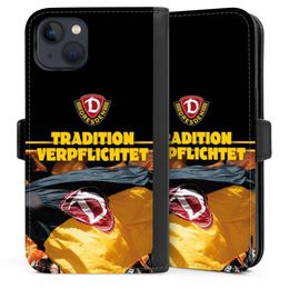 DeinDesign iPhone 13 Handy Klapph&uuml;lle Handyh&uuml;lle aus Kunst Leder schwarz Flip Case Sgd Sg Dynamo Dresden Merchandise Sideflip mit Lasche