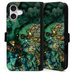 DeinDesign iPhone 16 Plus Handy Klapph&uuml;lle Handyh&uuml;lle aus Kunst Leder schwarz Flip Case Muster Glitzer Marble Sideflip mit Lasche
