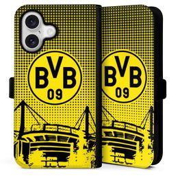 DeinDesign iPhone 16 Handy Klapph&uuml;lle Handyh&uuml;lle aus Kunst Leder schwarz Flip Case Bvb Stadium Borussia Dortmund Sideflip mit Lasche