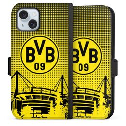 DeinDesign iPhone 15 Handy Klapph&uuml;lle Handyh&uuml;lle aus Kunst Leder schwarz Flip Case Bvb Stadium Borussia Dortmund Sideflip mit Lasche