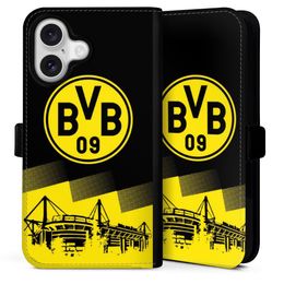 DeinDesign iPhone 16 Handy Klapph&uuml;lle Handyh&uuml;lle aus Kunst Leder schwarz Flip Case Borussia Dortmund Stadium Bvb Sideflip mit Lasche