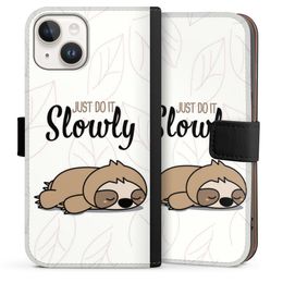 DeinDesign iPhone 14 Handy Klapph&uuml;lle Handyh&uuml;lle aus Kunst Leder schwarz Flip Case Animals Sloth Lazy Sunday Sideflip mit Lasche