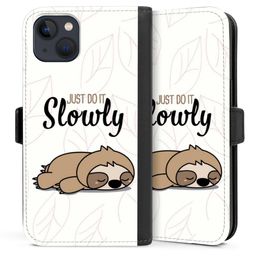 DeinDesign iPhone 13 Handy Klapph&uuml;lle Handyh&uuml;lle aus Kunst Leder schwarz Flip Case Animals Sloth Lazy Sunday Sideflip mit Lasche