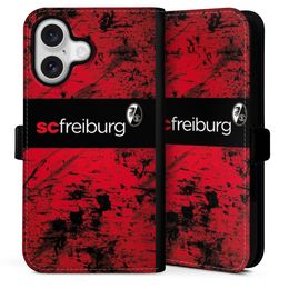 DeinDesign iPhone 16 Handy Klapph&uuml;lle Handyh&uuml;lle aus Kunst Leder schwarz Flip Case Official Licensed Product Sc Freiburg Logo Sideflip mit Lasche