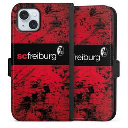 DeinDesign iPhone 15 Handy Klapph&uuml;lle Handyh&uuml;lle aus Kunst Leder schwarz Flip Case Official Licensed Product Sc Freiburg Logo Sideflip mit Lasche